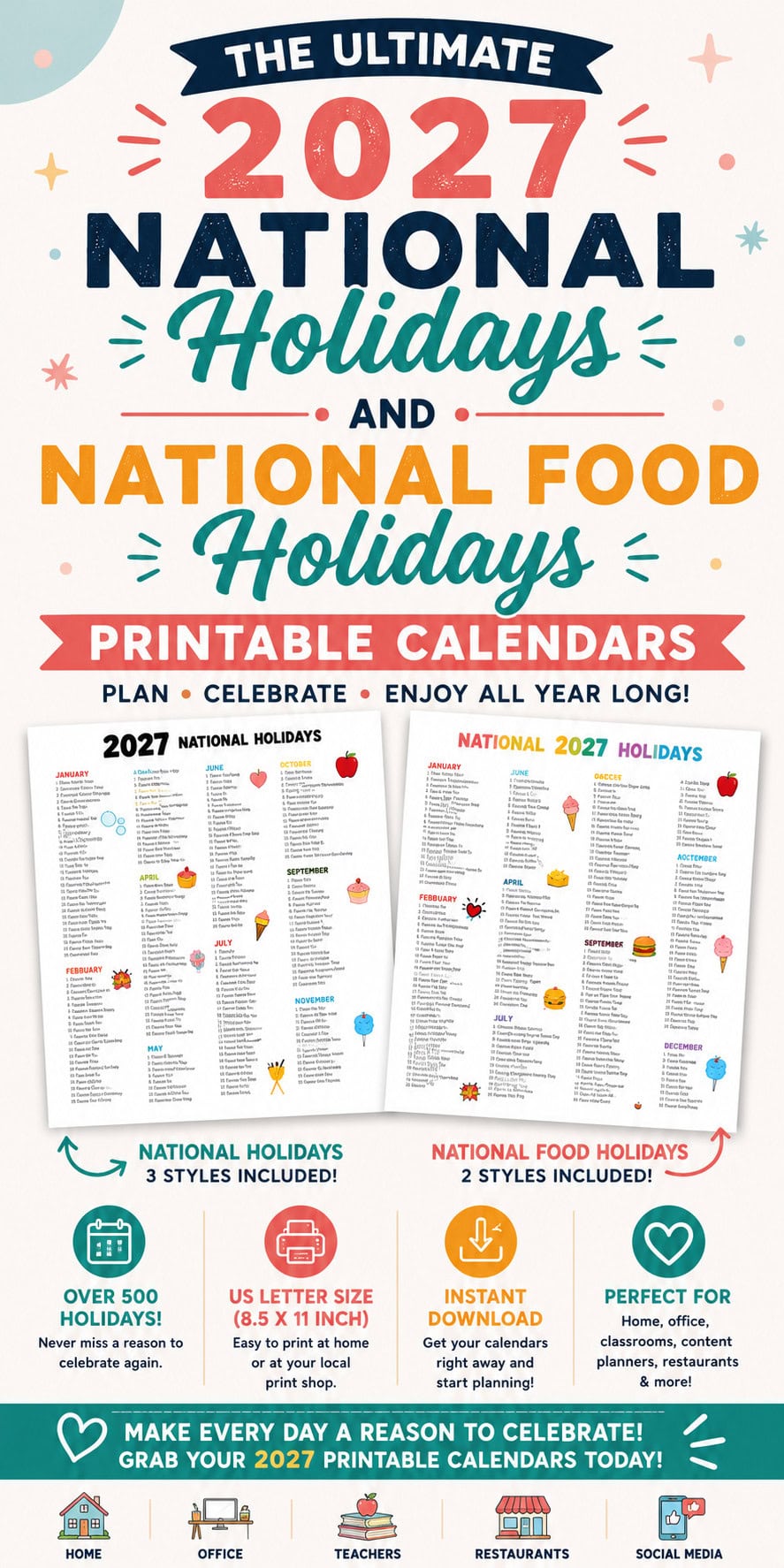 2027 National Holidays Calendar (Printable) + National Food Holidays ...